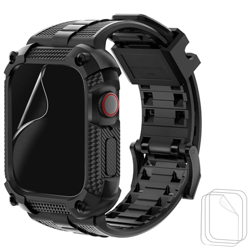 Wristitani Compatible with Rugged Apple Watch Band with Bumper Case 45mm for iWatch Series 9/8/7, Durable TPU Sport Strap with Full Coverage Screen Protector, 45mm Black