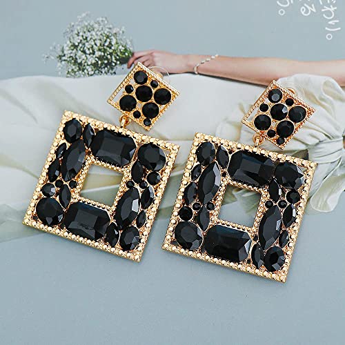 Rhinestone Square Dangle Earrings For Women Sparkly Crystal Geometric Drop Statement Earrings Juran Green Collection (Black)