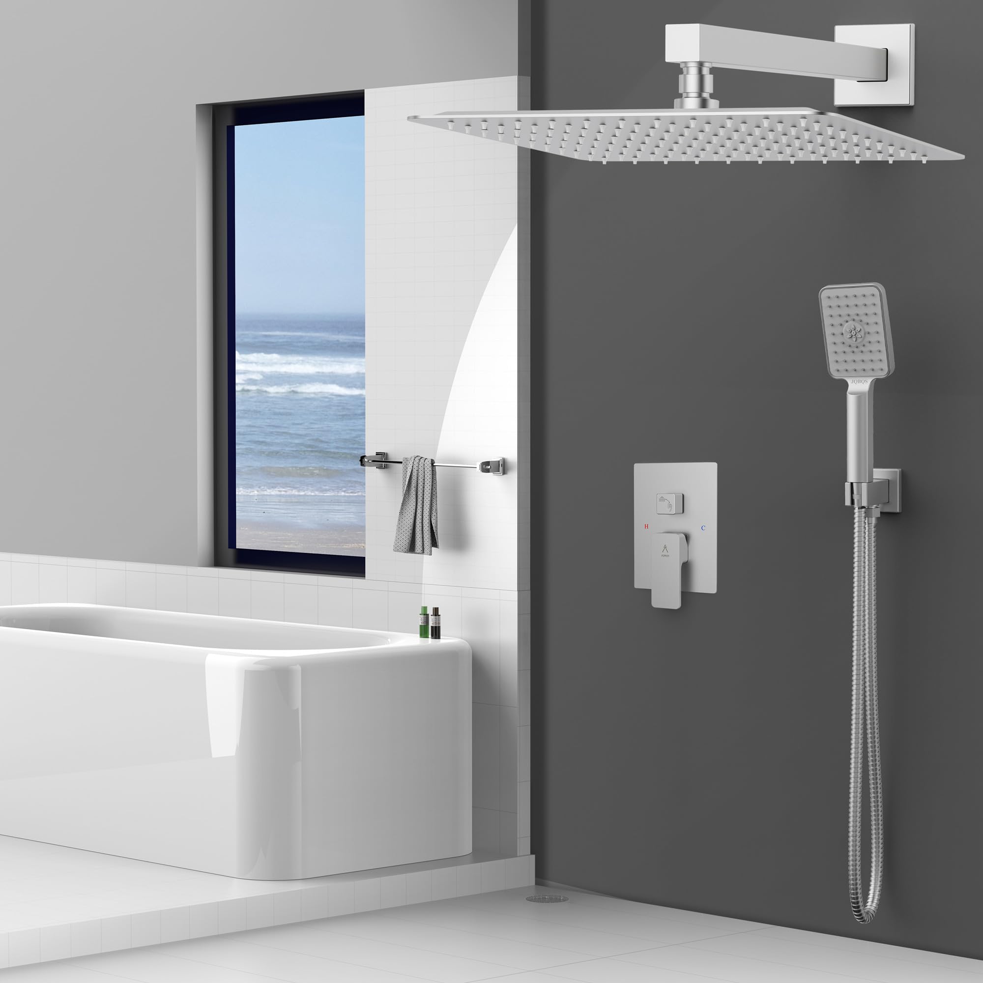 Shower System Modern Rain 12 inches Brass Shower Faucet Set With Valve and Diverter Shower Mixer With Handheld High Pressure Square Rainfall Shower Rough-in Valve (12ββ, Brushed Nickel)