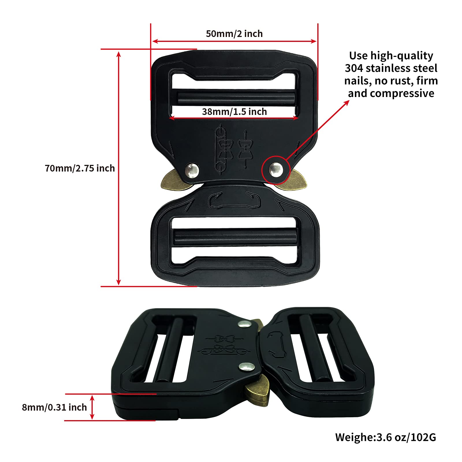 TXZWJZ Metal Buckle Dual Adjustable Tactical Belt Buckle,1.5inch(38mm) Heavy Duty Belt Buckle