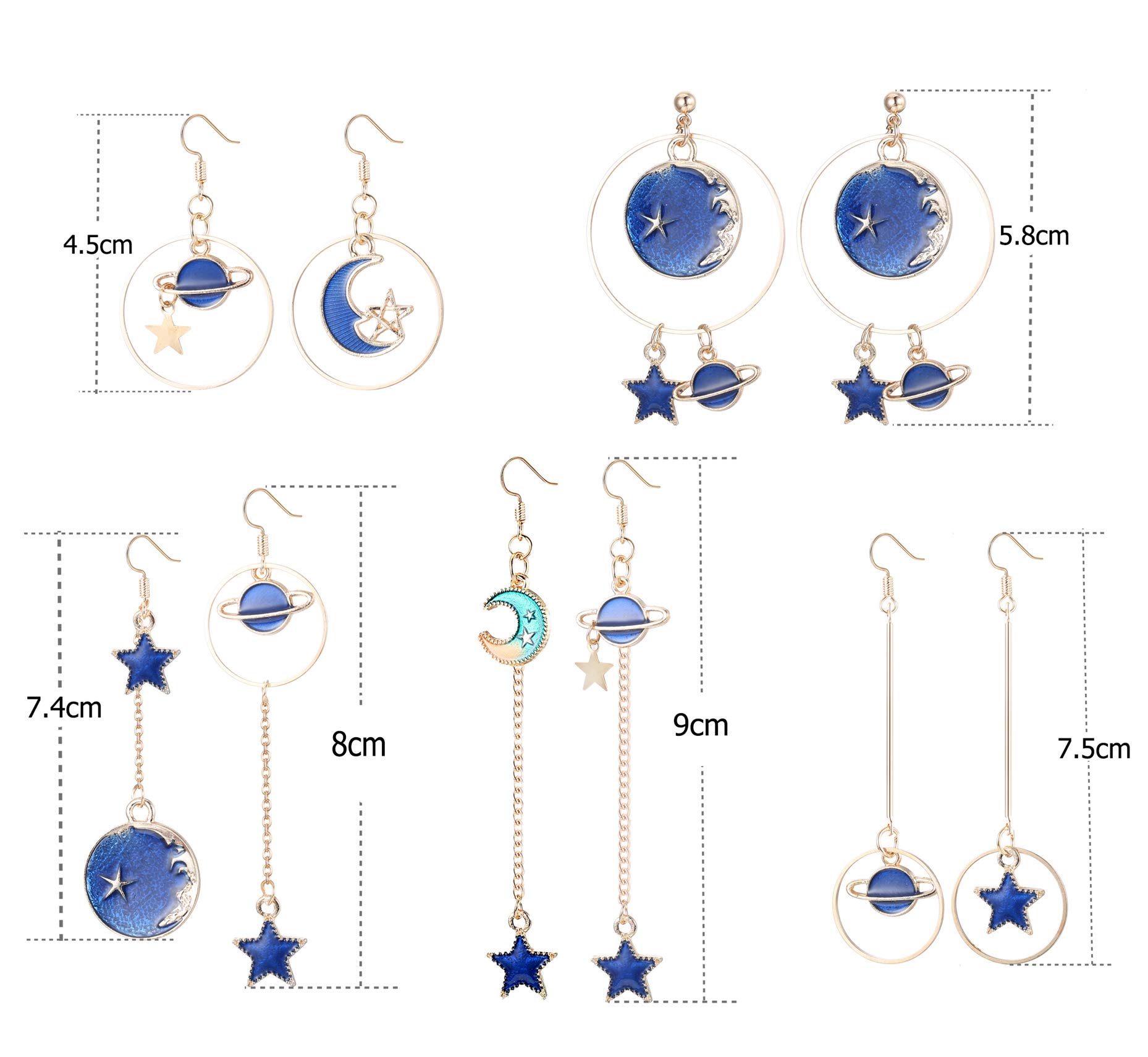 SAILIMUE 5 Pairs Enamel Moon Star Earth Planet Earrings Set Asymmetric Long Pendant Hook Dangle Stud Earrings for Women