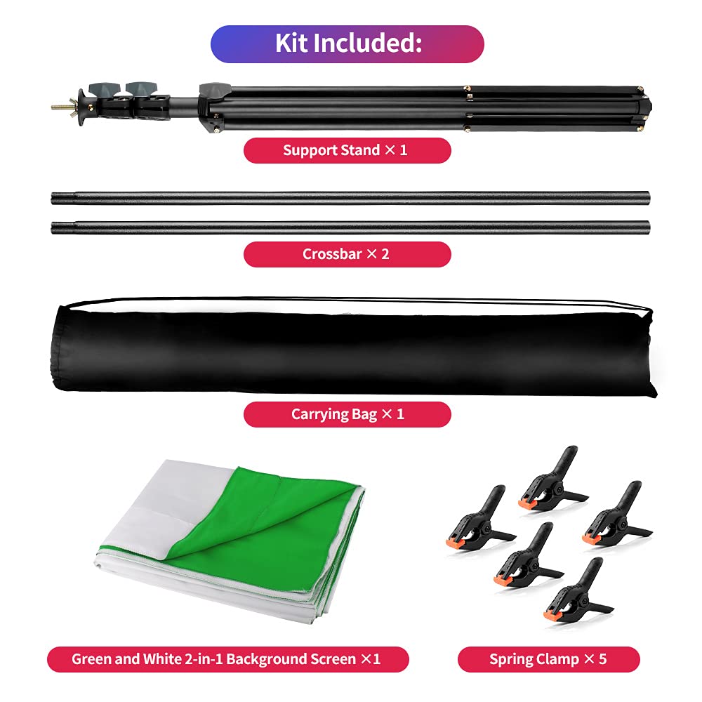 White Greenscreen Background T-Shape Portable Backdrop Stand, YAYOYA 6.5 X 5 Small White Background Green Screen Backdrop Stand Kit, Photo Backdrop Stand with Bag & Clamps for Photography Streaming