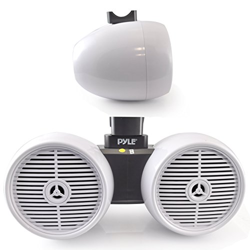Pyle Waterproof Marine Wakeboard Tower Speakers - 6.5” Dual Subwoofer Set and 1.0” Tweeters, LED Lights and 400 Watt Power 2-Way Boat Audio System with Mounting Bracket - (White)