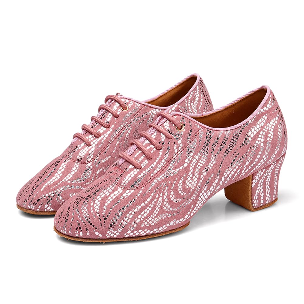 VCIXXVCE Women Latin Dance Shoes Ballroom Pink Lace-up Practice Suede Sole Social Dance Modern Salsa 1.4inch Dancing Shoes,7 US