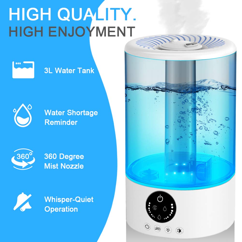 SHSTFD Cool Mist Humidifier, 3L Top Fill Ultrasonic Humidifier for Bedroom with 7 Colors Night Light and Remote Control, Adjustable Mist Levels, Optional Timer, 6 Dimmer, Super Quiet Operation (White)