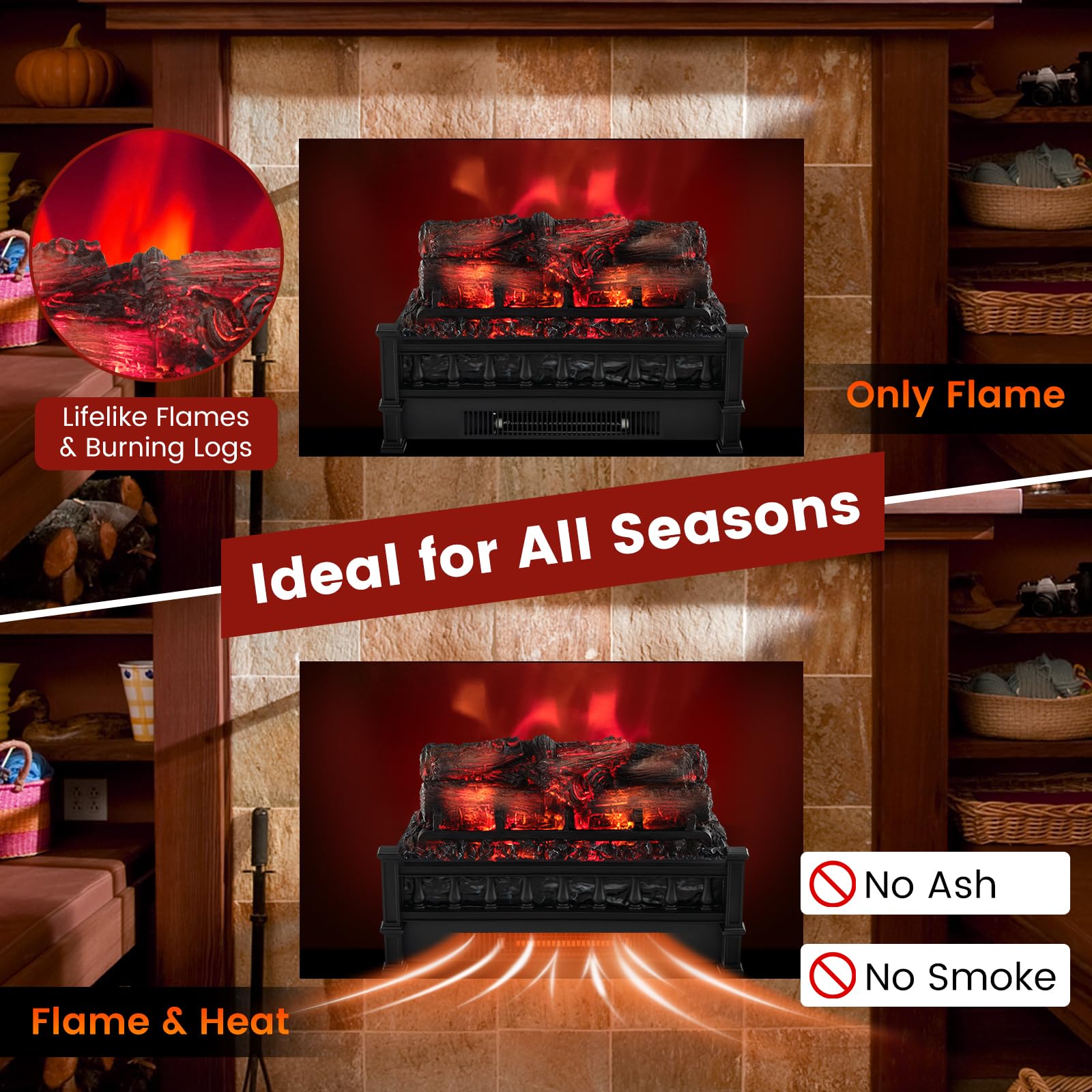 Tangkula 20 Inch Electric Fireplace Log Set Heater with Adjustable Temp, Overheating Protection, Realistic Pinewood Ember Bed, Infrared Quartz Electric Fireplace Insert for Home & Office Decor, 1500W