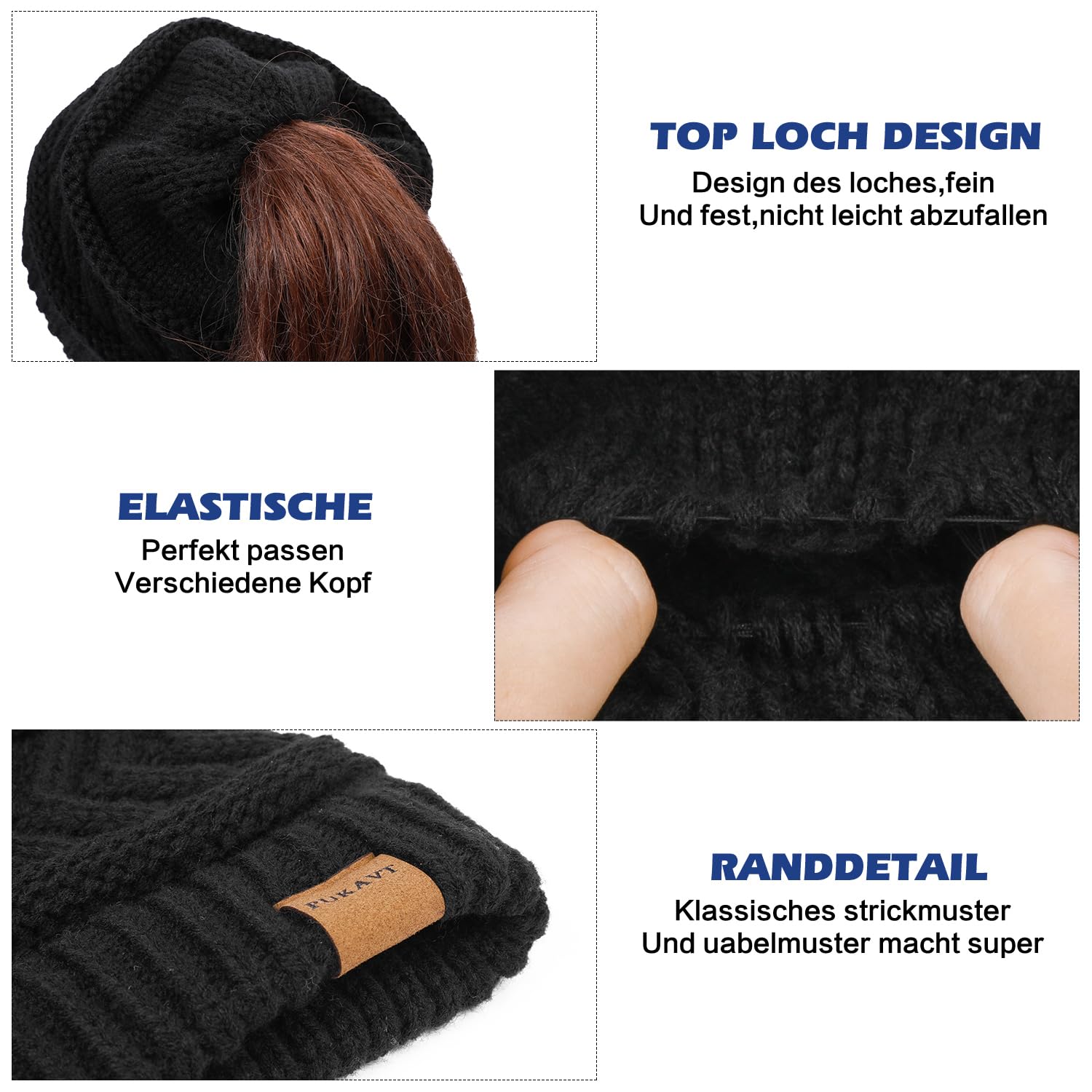 Pukavt 1 Pack Winter Hat Ponytail Beanie Hat for Women,Soft Stretch Cable Knit Messy Bun Beeanie,Trendy and Warm Black