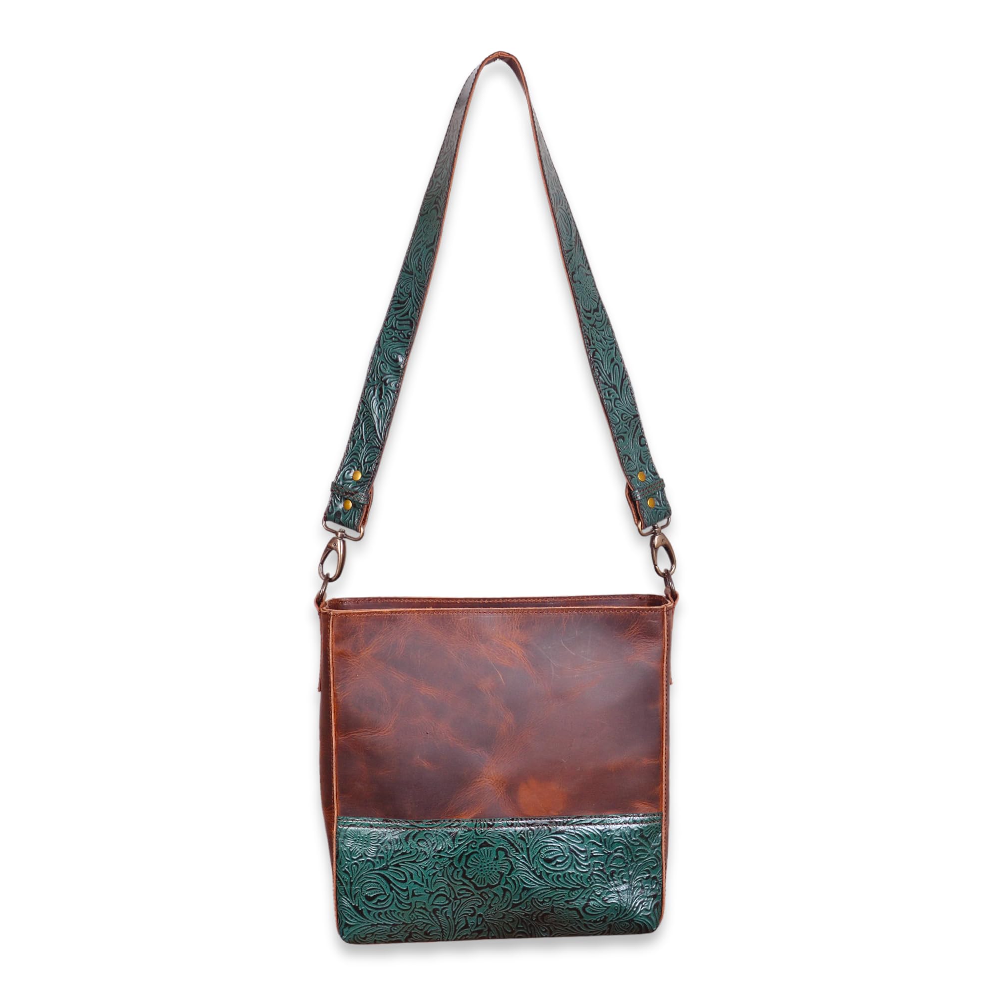 Ranch Junkie Handcrafted Rancho Leather Tooled Belt Strap Purse With Interchangeable Leather Strap (Tooled Turquoise And Vintage Brown)