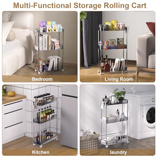 VECELO 3-Tier Clear Rolling Storage Cart,Acrylic Bathroom Utility Cart Kitchen Storage Organizers,Mobile Carts with 2 Lockable Wheels&Hooks for Livingroom Office Home,Clear