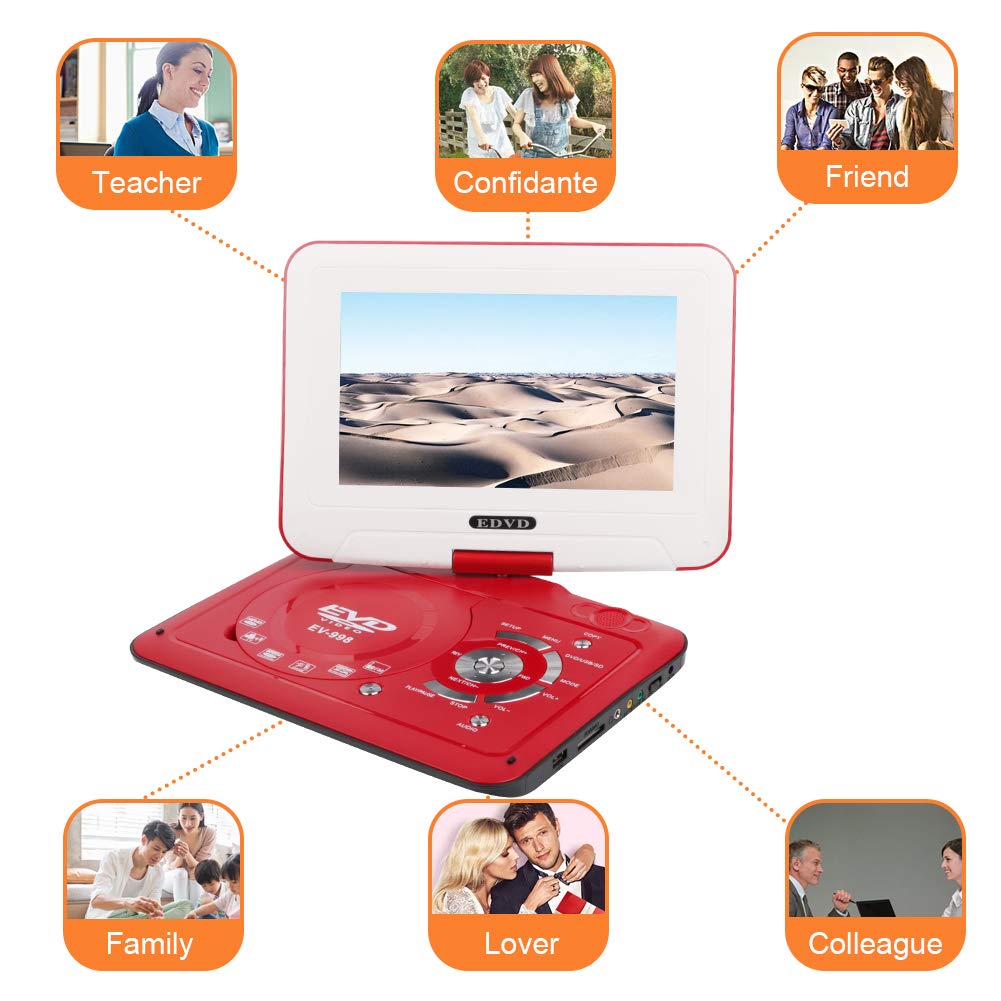 Smyidel 9.8" Portable DVD Player Supports SD Card/USB Port/CD/DVD, Rede Controller,2 Hour Rechargeable Battery, 9" Eye-Protective Screen, Support AV-in/Out,Region Free (Red)
