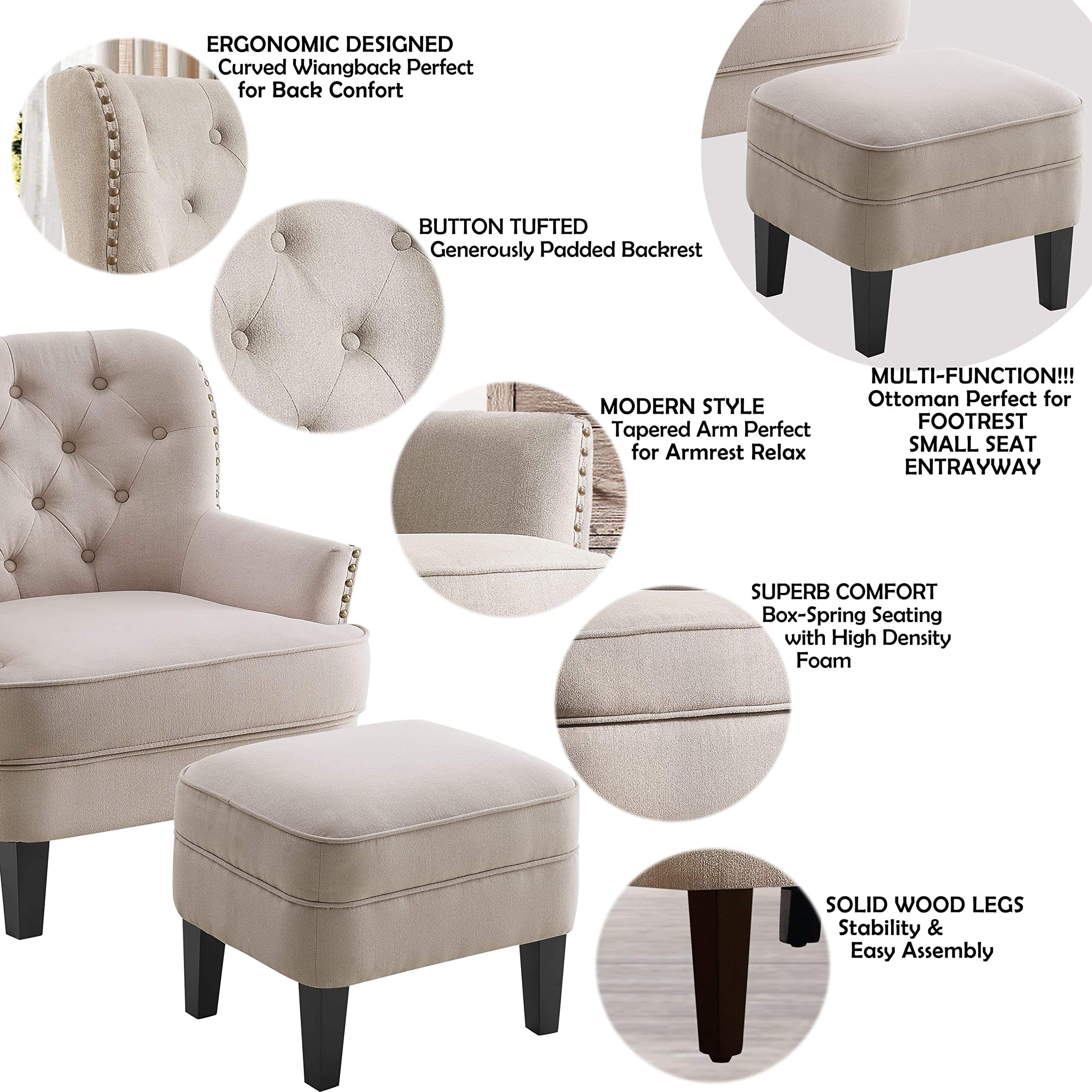 Rosevera McCarthy Furniture Ottoman Arm Living Room Comfy Small Accent Chairs for Bedroom, Standard Size, Pearl Beige