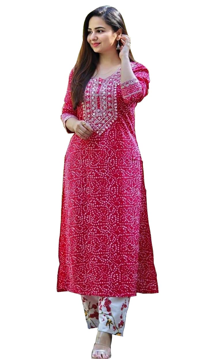 Paru Fabrics Women's Cotton Printed Straight Embroidery Kurti with Pant (XL) Pink, X-Large