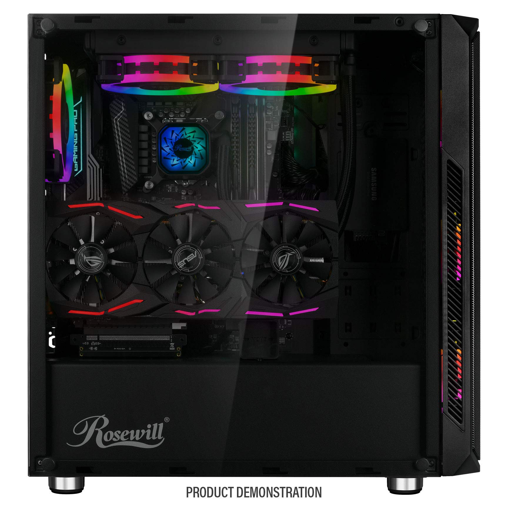 Rosewill ATX Mid Tower Gaming PC Computer Case, Dual Ring RGB LED Fans, 360mm & 240mm Liquid Cooling Radiator Support, Tempered Glass/Steel/Mesh, Great Cable Management/Airflow - Spectra D100