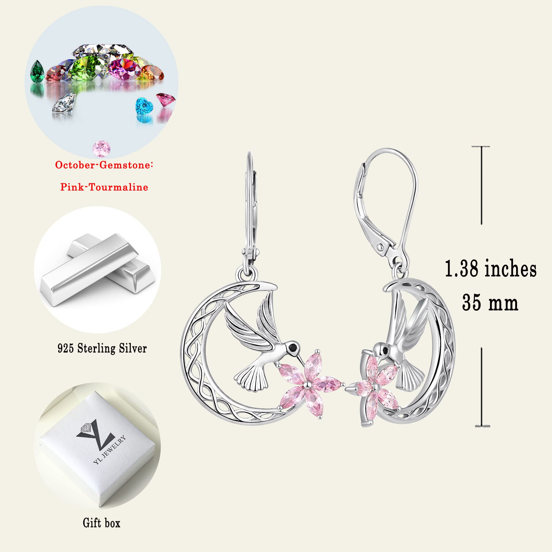 YL Hummingbird Earrings Sterling Silver Celtic Moon Flowers Dangle Drop Earrings Created Pink Tourmaline Leverback Jewelry for Women