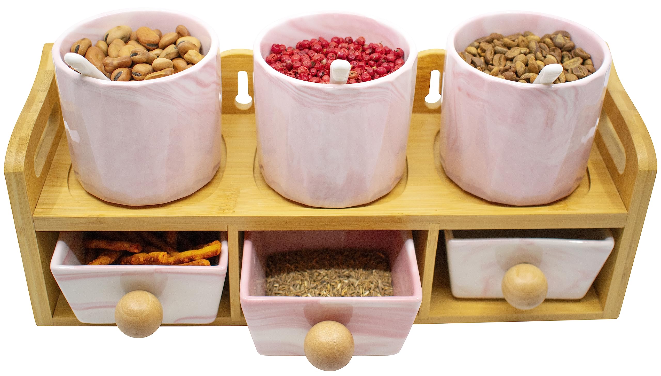 Stephanie Imports Set of 6 Tiered Marble Ceramic Condiment Spice Jars & Drawers With Spoons, Bamboo Lids and Rack (Pink)