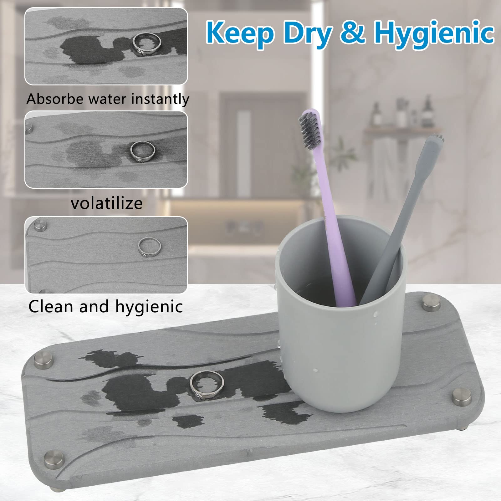 TGIFGO Instant Dry Sink Organizer Water Absorbing Stone Tray for Sink Fast Drying Sink Caddy Use for Kitchen Bathroom Vanity Countertop Natural Diatomaceous Prevent Moisture Buildup (Gray, Oval)