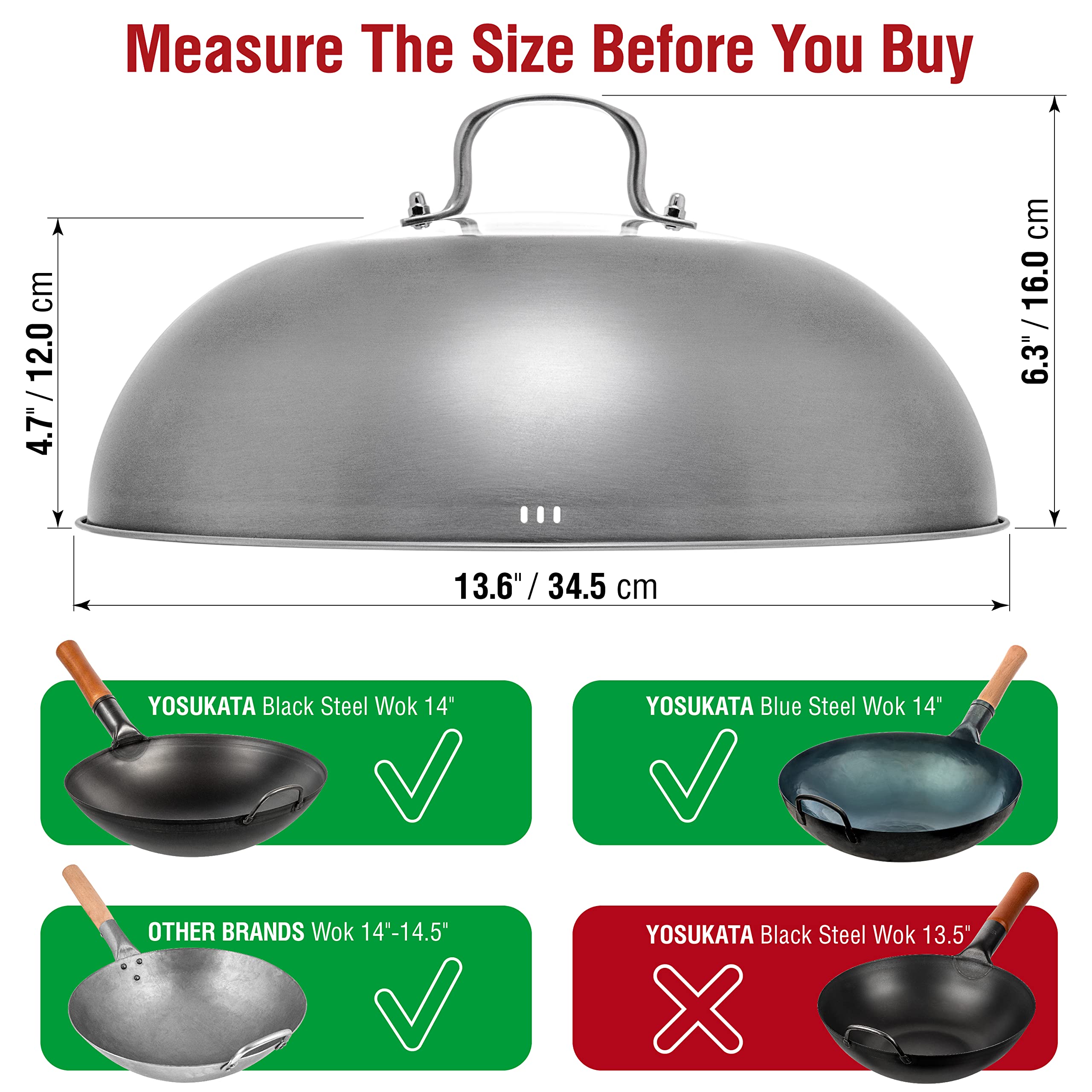 YOSUKATA Silver Round Bottom Wok Pan β 14" Woks and Stir Fry Pans + Wok Lid 13.6 Inch + 17ββ Wok Spatula and Ladle