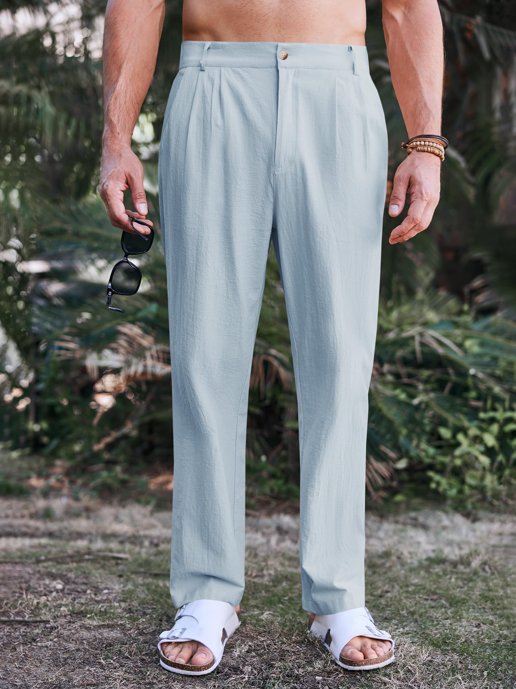 PASLTER Mens Casual Cotton Linen Pants Loose Fit Elastic Waist Yoga Beach Trousers with Pockets Grey