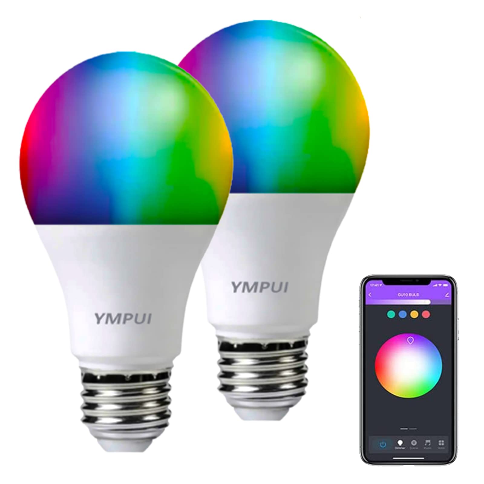 YMPUI Smart Light Bulbs, WiFi LED Bulbs, Music Sync, Color Changing, Sunrise and Sunset Lamp, A19 E26 9W RGBCW 800 Lumen, 60W Equivalent, Works with Alexa, Echo, Google Home No Hub Required 2 Pack