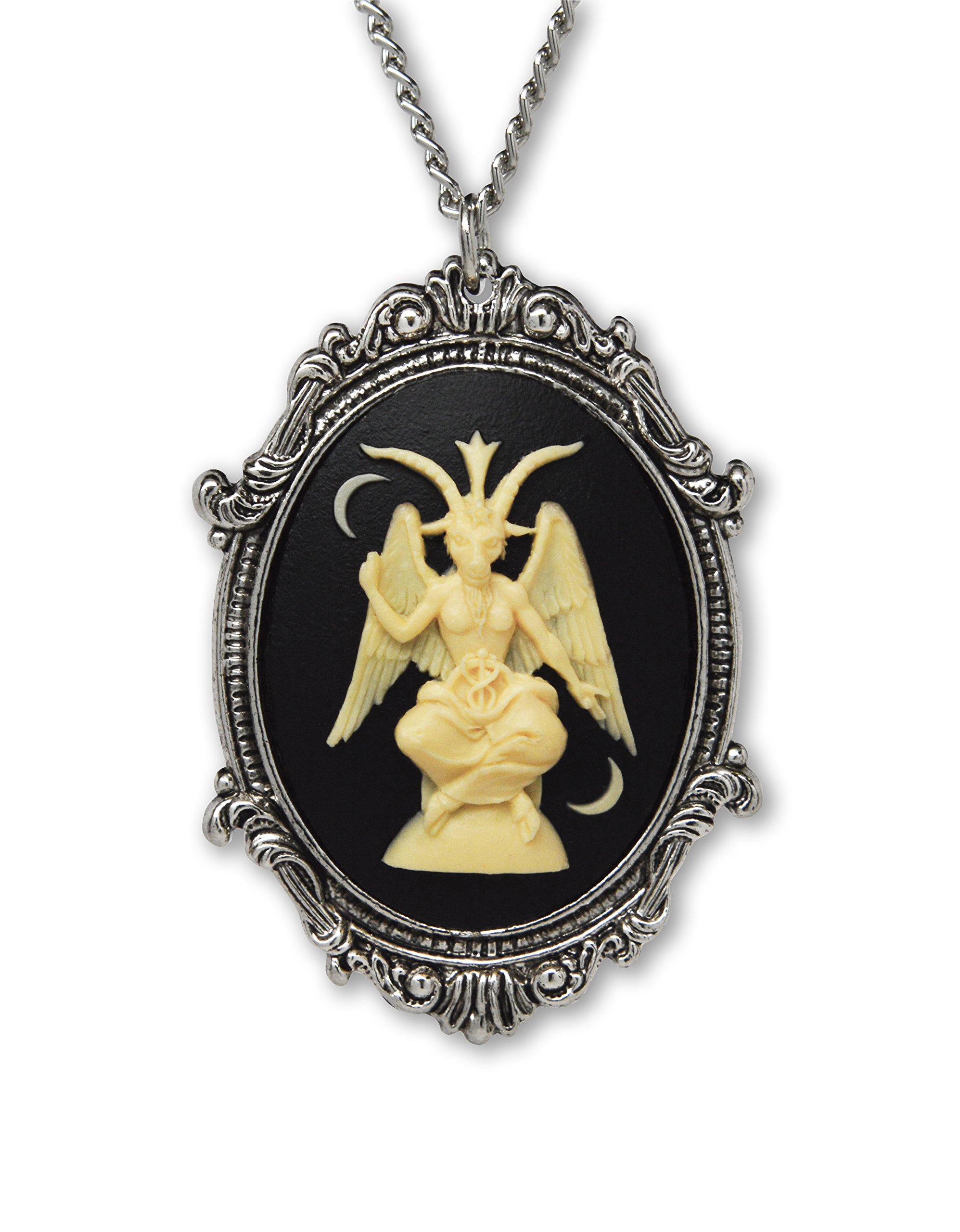 Real Metal Sitting Satanic Baphomet Cameo In Silver Finish Frame Necklace Pendant Ivory on Black