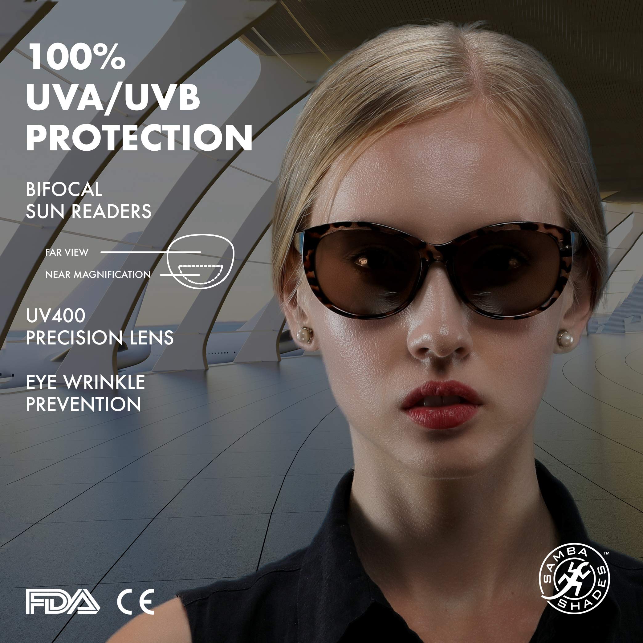 SAMBA SHADES Reader Sunglasses for Women Bifocal for Reading Under the Sun Cateye Glasses Brown Tortoise 2.00