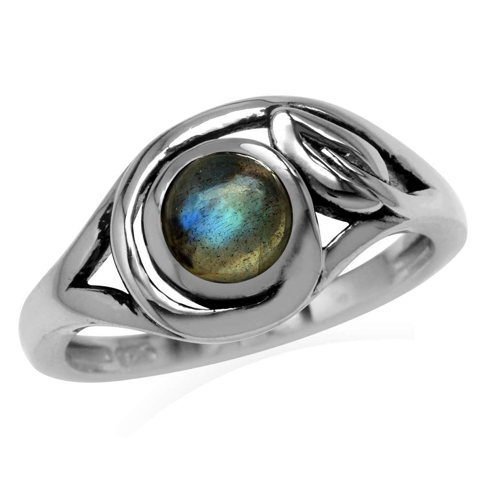 Silvershake 6mm Round Shape Labradorite 925 Sterling Silver Leaf Vintage Inspired Ring Size 8