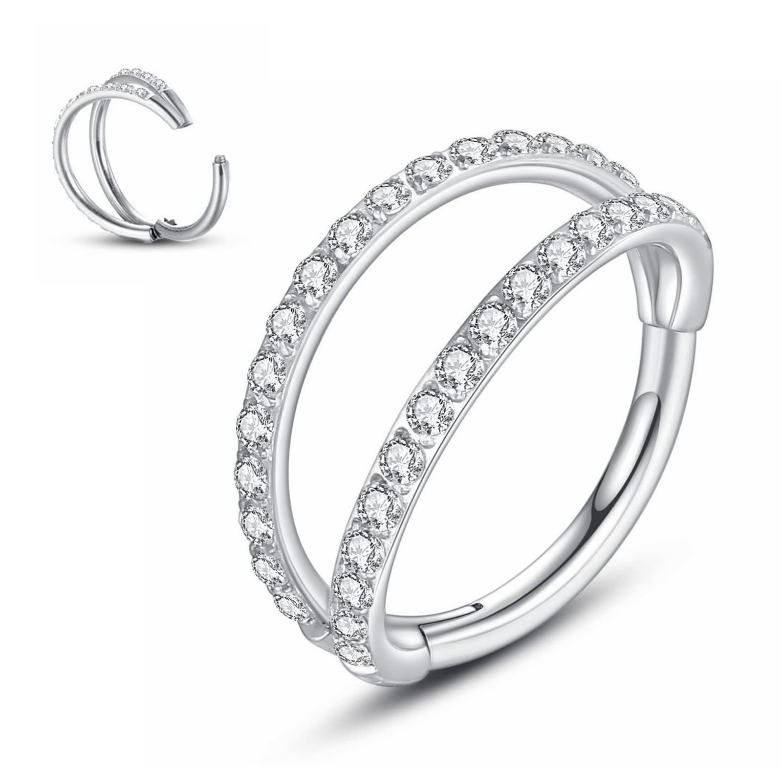 Yrogcu Nose Ring Lip Rings Septum-Clicker : Double Ring with Zicron Silver Ring 20G 10mm 316L Surgical Steel Sleeper Earring Helix Rook Conch Cartilage Daith Tragus Earrings Nose Piercing Jewelry