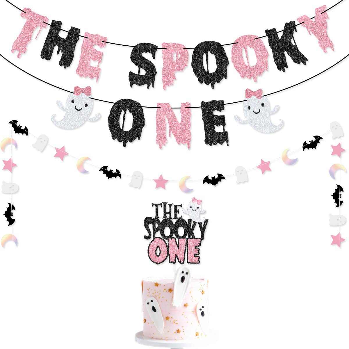 The Spooky One Banner The Spooky One Cake Topper for Pink and Black Halloween Girl First Birthday Party Decorations