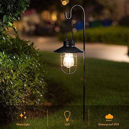 Solar Lights Outdoor Hanging Lantern Lamp with Shepherd Hook, Greenke Metal Solar Lantern Waterproof Multipurpose Pendant Lamp for Pathway Garden Yard Outdoor (Black)