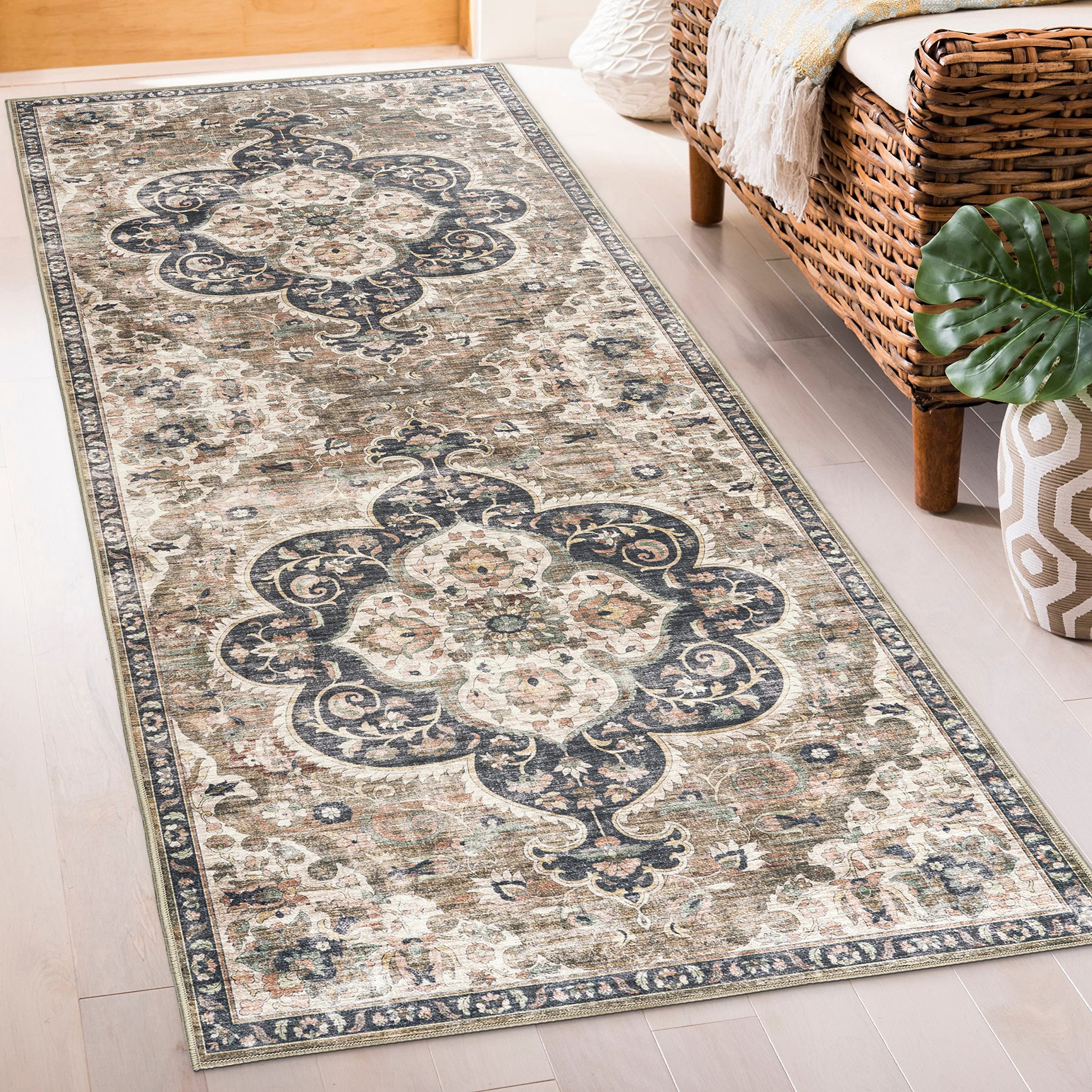 ReaLife Machine Washable Area Rug Runner - Living Room Bedroom Bathroom Kitchen Entryway Office - Non Slip Low Pile Stain Resistant Premium - Boho Farmhouse Vintage - Joy - Brown Beige 2'6" x 6'