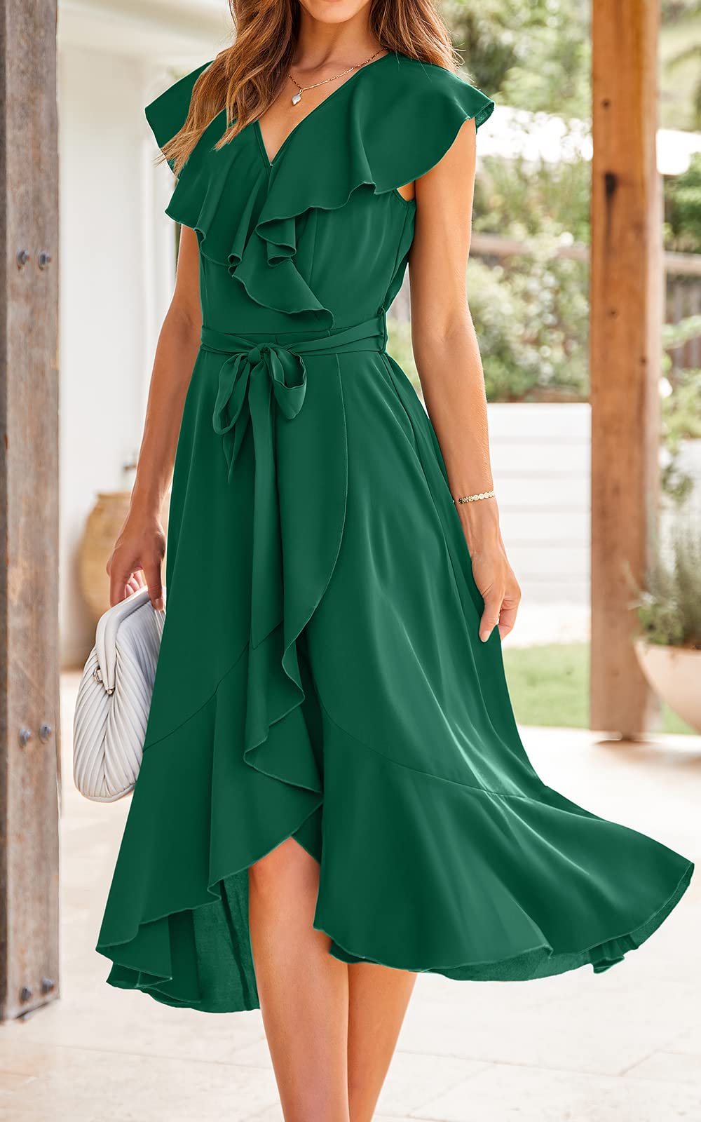PRETTYGARDEN Women's Summer V Neck Ruffle Wrap Tie Maxi Dress Solid Color Flutter Sleeve Holiday Dresses for Women 2023 (Dark Green,Medium)