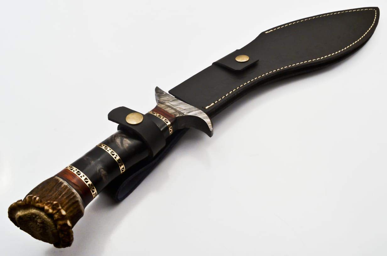 Rare Custom Damascus Custom Art Knife Hunting Knife | Outdoor Knife Camping Knife | Beautiful Stag Handle with Free Genuine Leather Sheath KH-890