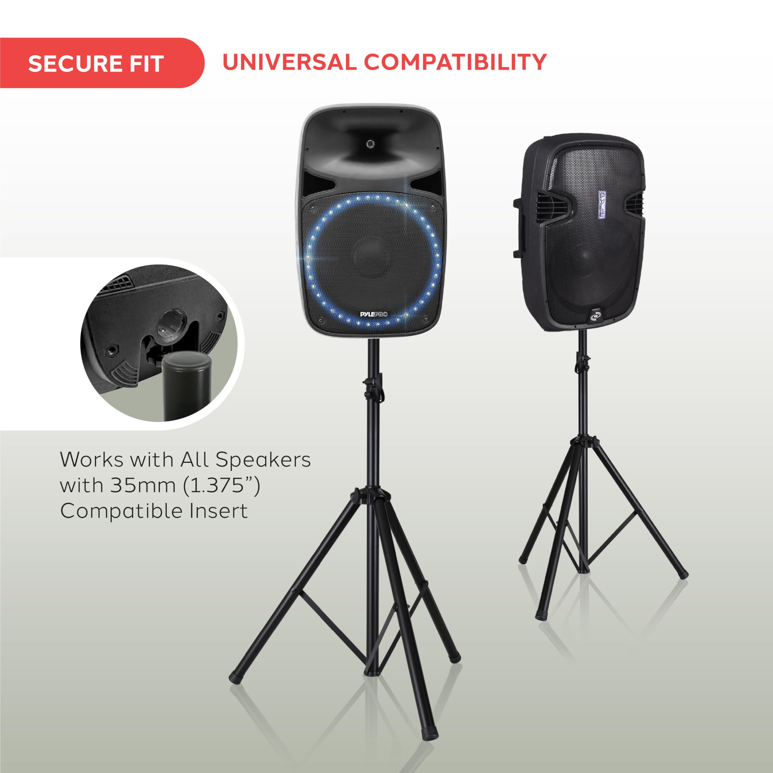 Pyle Universal Speaker Stand Mount Holder Heavy Duty Tripod w/ Adjustable Height from 40β to 71β and 35mm Compatible Insert Easy Mobility Safety Pin and Knob Tension Locking for Stability, Black