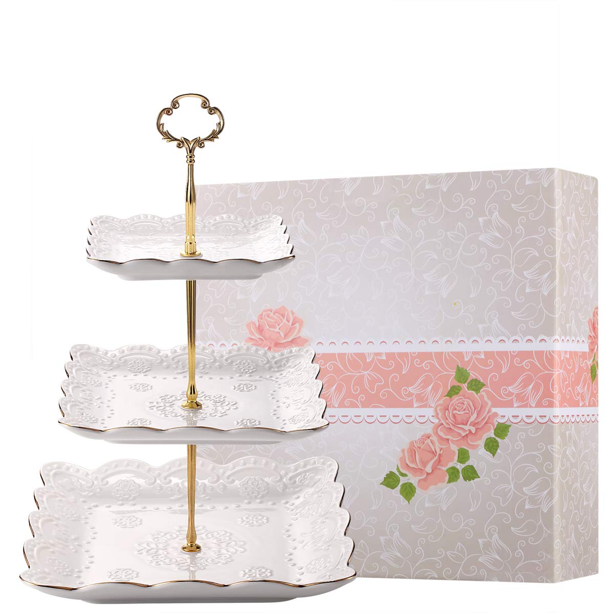 Sumerflos 3-Tier Square Porcelain Cake Stand, White Rimmed with Gold Embossed Cupcake Dessert Stand - Tiered Serving Tray for Tea Party and Show