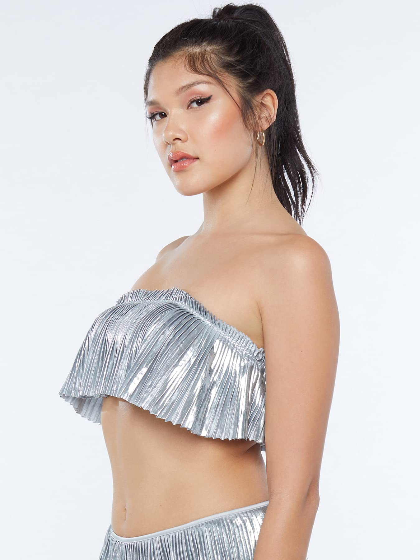 Savage X Fenty, Women's, Pleated Lamé Bandeau Bralette, Spaced Out Metallic Silver, XL