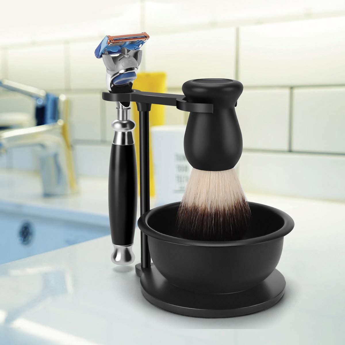 PerPro Mysterious Black Shaving Stand and Bowl,Safety Razor&Shave Brush Holder, Men's Grooming Kit,Gift for Husband Boyfriend Father's Day