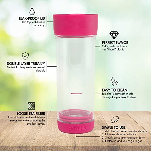 Primula Press and Go Iced Tea Maker, Travel Tumbler, Infuser Bottle, Leak-proof Flip-top Lid with Carry Loop, Dishwasher Safe, Made without BPA, 16-Ounce, Pink