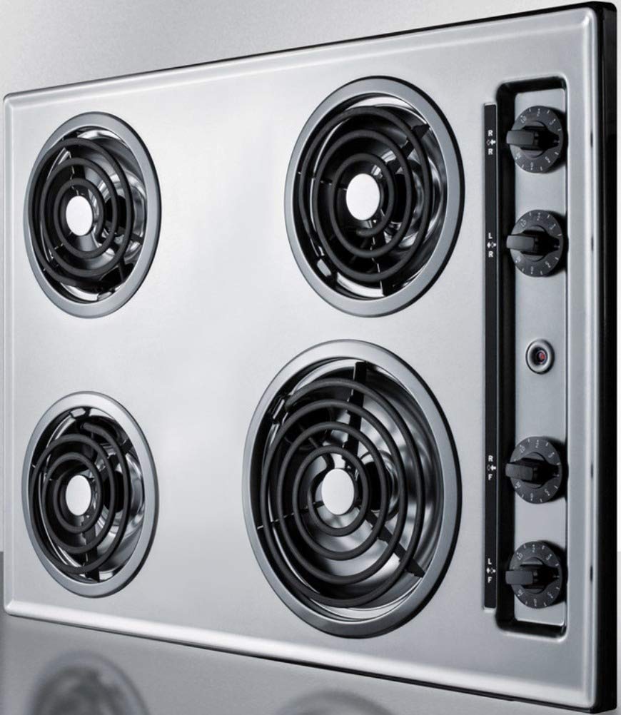 Summit Appliance ZEL05 30" Wide 230V Electric Cooktop in Chrome Fits Popular Cutout Size with 4 Coil Elements, Chrome Drip Bowls, Push-to-turn Controls, Recessed Top, One 8" Burner & Three 6" Burners