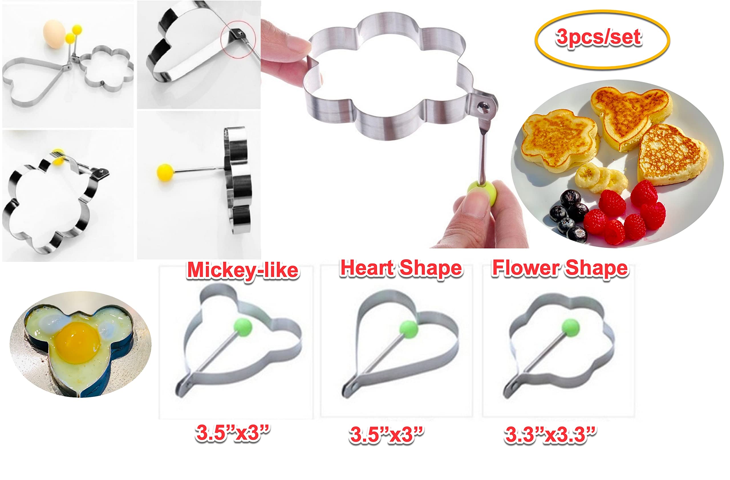 Unique Fried Egg Shaper, Omelette, Pancake, Scrambled Eggs DIY Mold Rings, Specialty Cooking Tool with Handle, Mold Non Stick Stainless Steel for Griddle Pan, Heart, Flower Shape Mickey-like 3Pcs/set