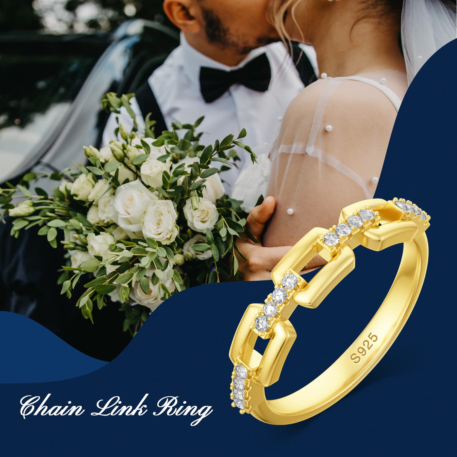 SLIACETE Chain Link Eternity Ring 925 Sterling Silver Cubic Zirconia Link Chain Ring Stacking Band Rings for Women Wife