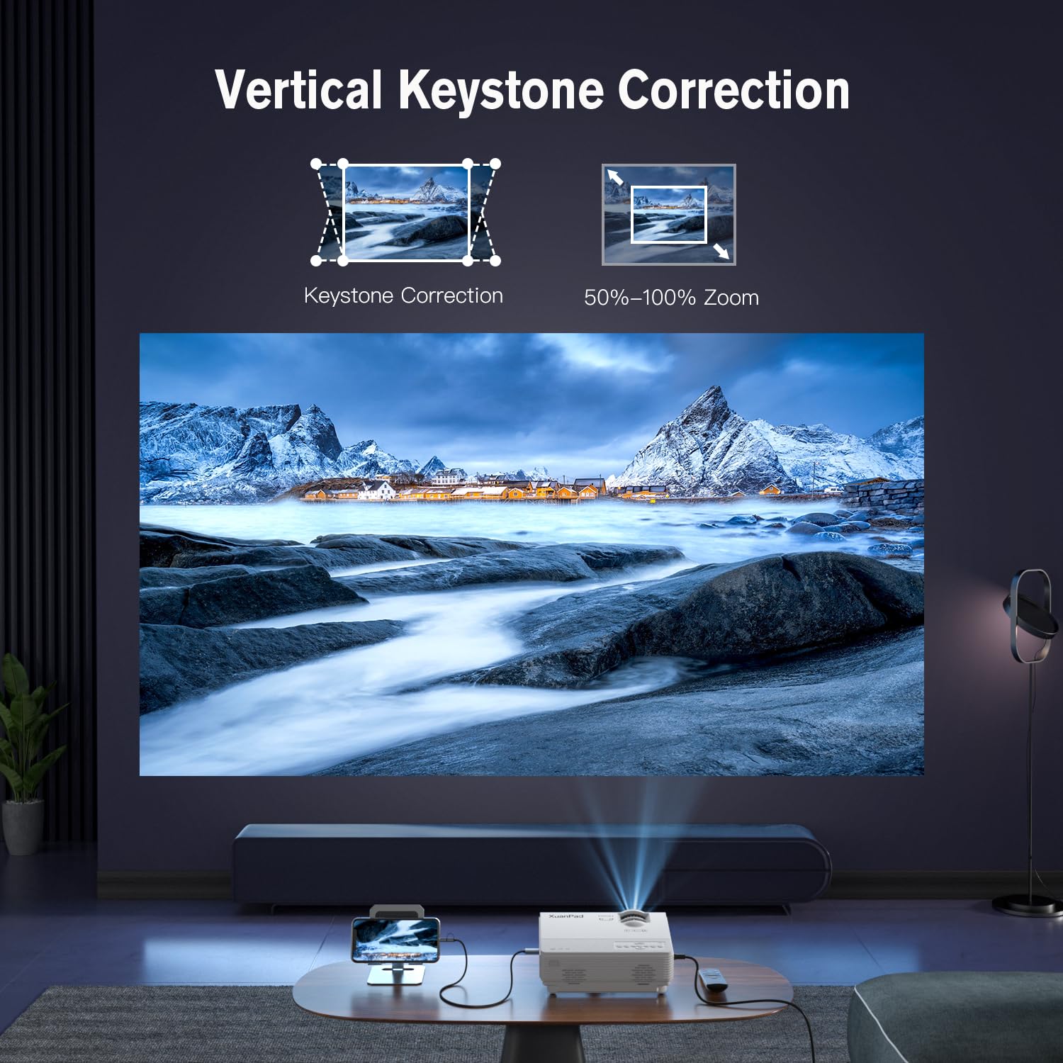 Projector, XuanPad 2024 Upgraded Mini Projector, 10000L Video Projector HD 1080P Supported, Portable Home Projector Compatible with TV Stick, HDMI, USB, Laptop, iPhone, Android for Home Entertainment