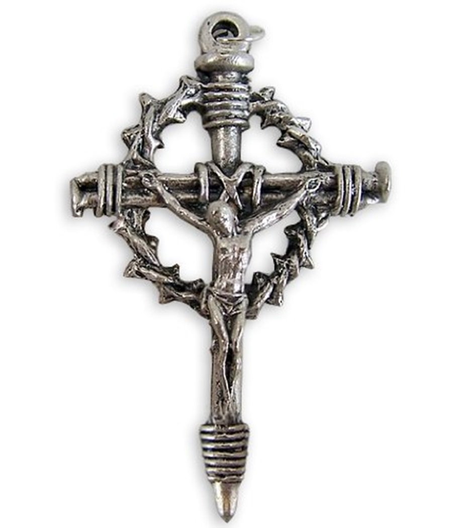 Religious Gifts Silver Toned Base Crown of Thorns Nails of The Cross Crucifix Pendant, 2 1/4 Inch