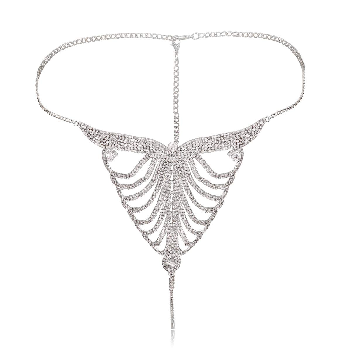 Salircon Glitter Rhinestone Top and Thong Women's Rhinestone Bikini Body Chain Adjustable Plus Size Bra and Panty Set (Silver 2 Underwear)