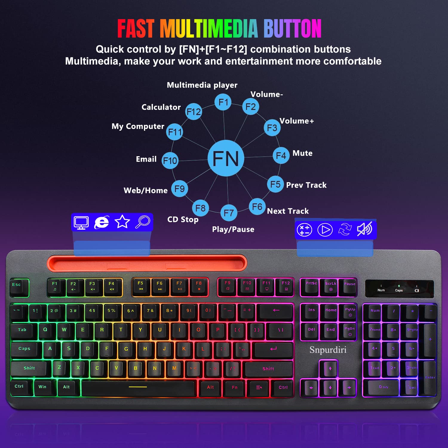 Wireless Gaming Keyboard and Mouse Combo, Snpurdiri Rainbow Backlit Mechanical Feeling Rechargeable Full Size Anti-ghosting Keyboard with Tablet/Phone Bracket, Long Battery Life for PC Gamer