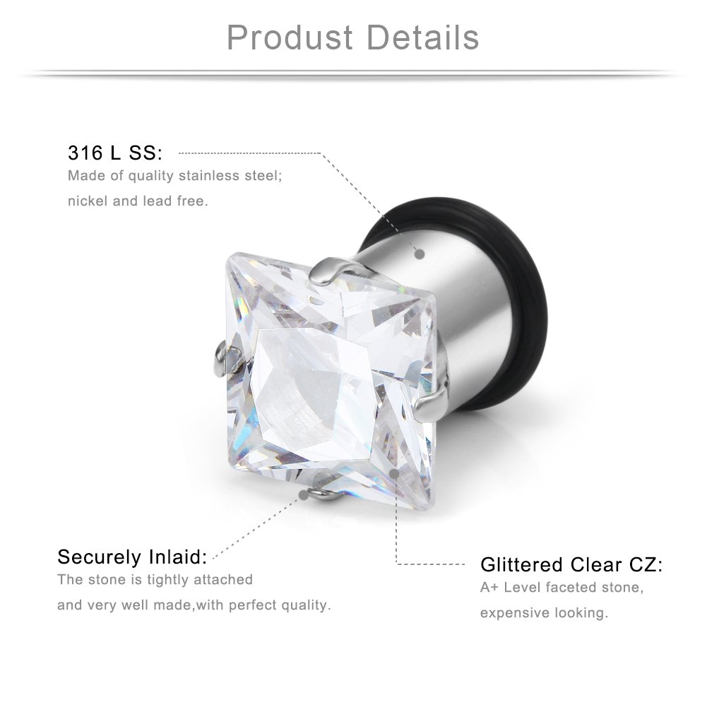 Ruifan 316L Surgical Steel Single Flare Prong Set Clear Square CZ Ear Stretcher Expander Plugs Piercing Gauge with O-Ring 0G(8mm)- Sold As a Pair