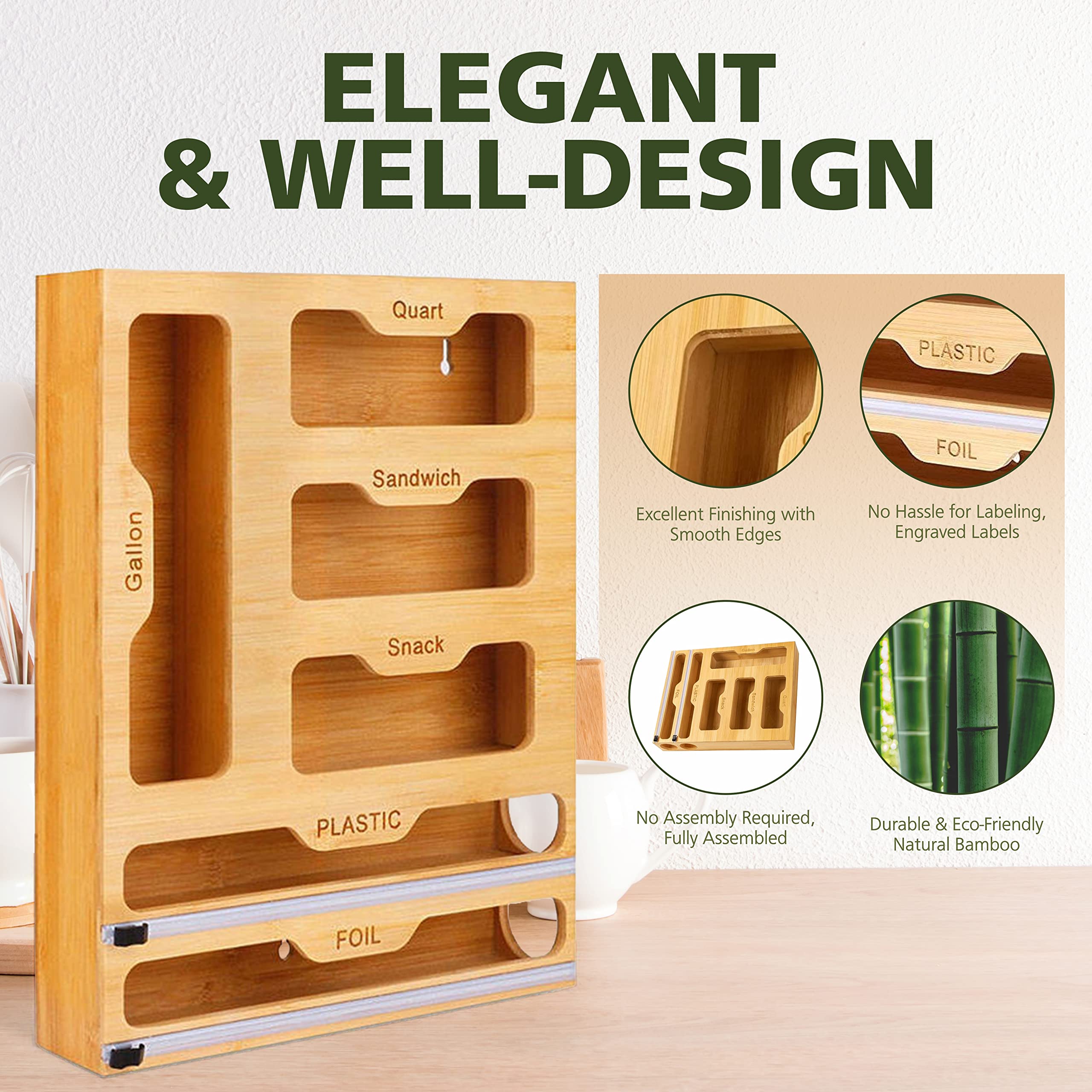 Ziplock Bag Storage Organizer for Kitchen Drawer, 6 in 1 Foil and Plastic Wrap Dispenser with Cutter, Bamboo Zip Lock Plastic Bag Baggie Organizer for Gallon, Quart, Sandwich, Snack 13" x 17" x 3.5"