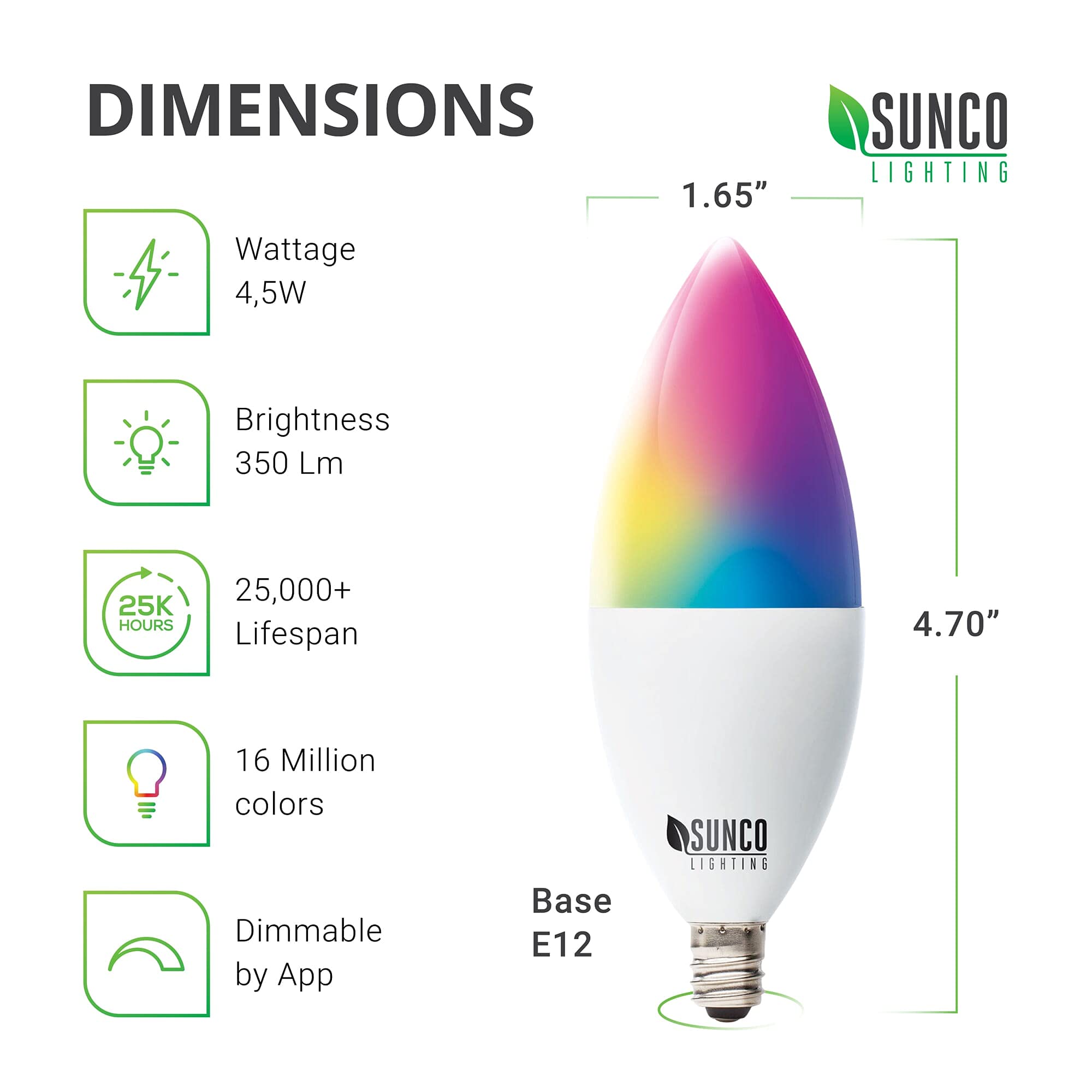 Sunco 4 Pack WiFi LED Smart Bulb, B11 Candelabra, 4.5W, E12 Base, Color Changing (RGB & CCT), Dimmable, Compatible with Amazon Alexa & Google Assistant - No Hub Required