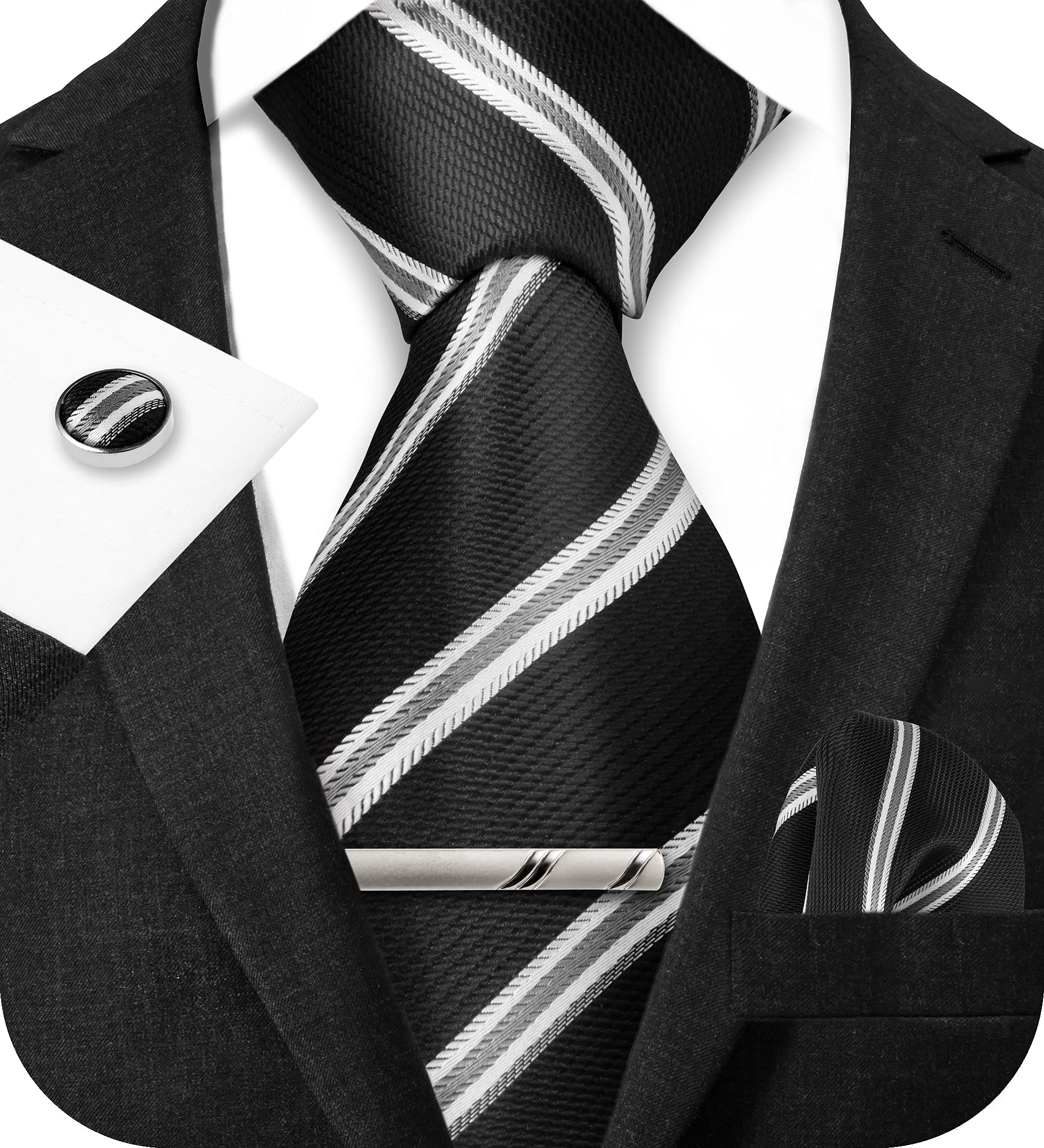 TIE G 4pcs Stripe Plaid Mens Ties Set in Premium Black Gift Box: Woven Necktie and Pocket Square, Cufflinks, Tie Clip for Formal Business Prom Wedding (A2-Black Red Stripe)