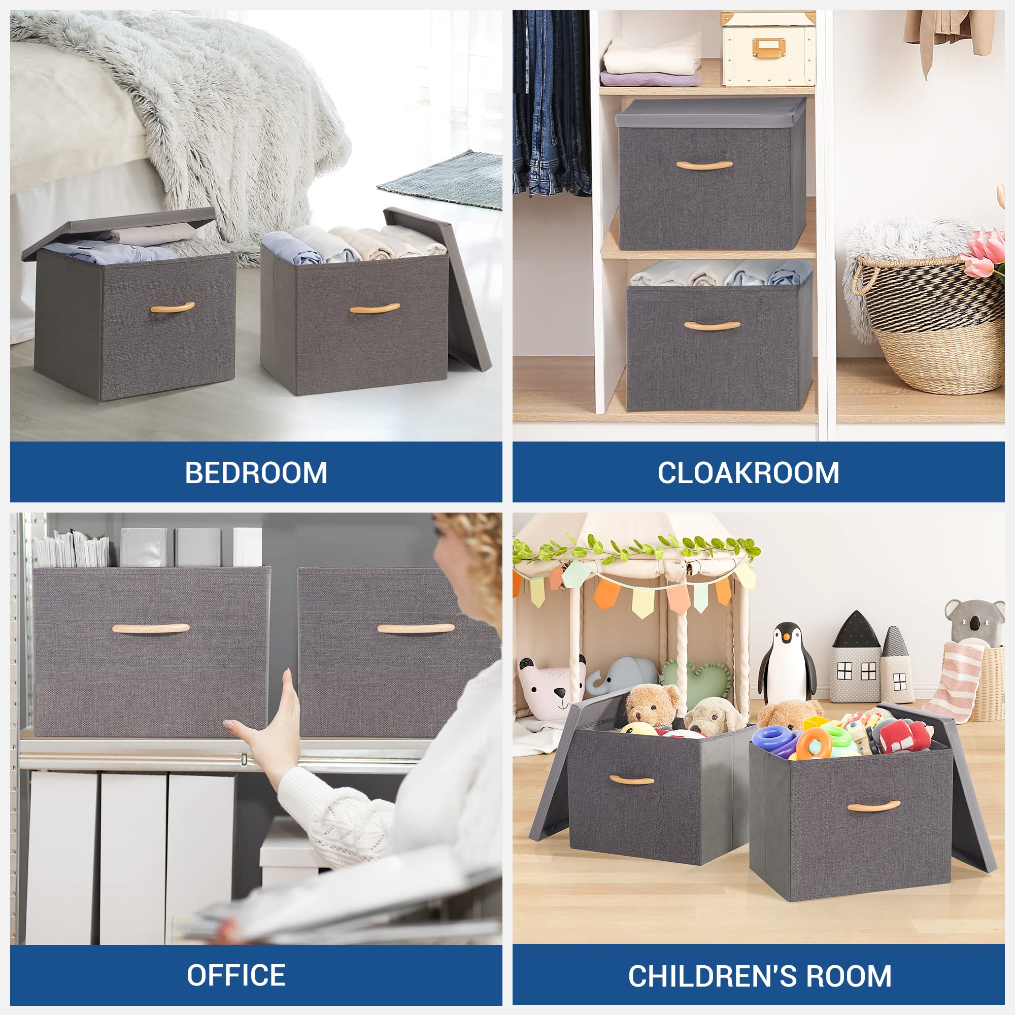 STORAGE MANIAC Shelf Baskets with Handle & Lid, Storage Bins, Foldable Storage Baskets, Fabric Clothes Storage Boxes for Organizing Closet Shelf Nursery Toy 15.75" W x 11.8" D x 12.2" H, Grey 2-Pack