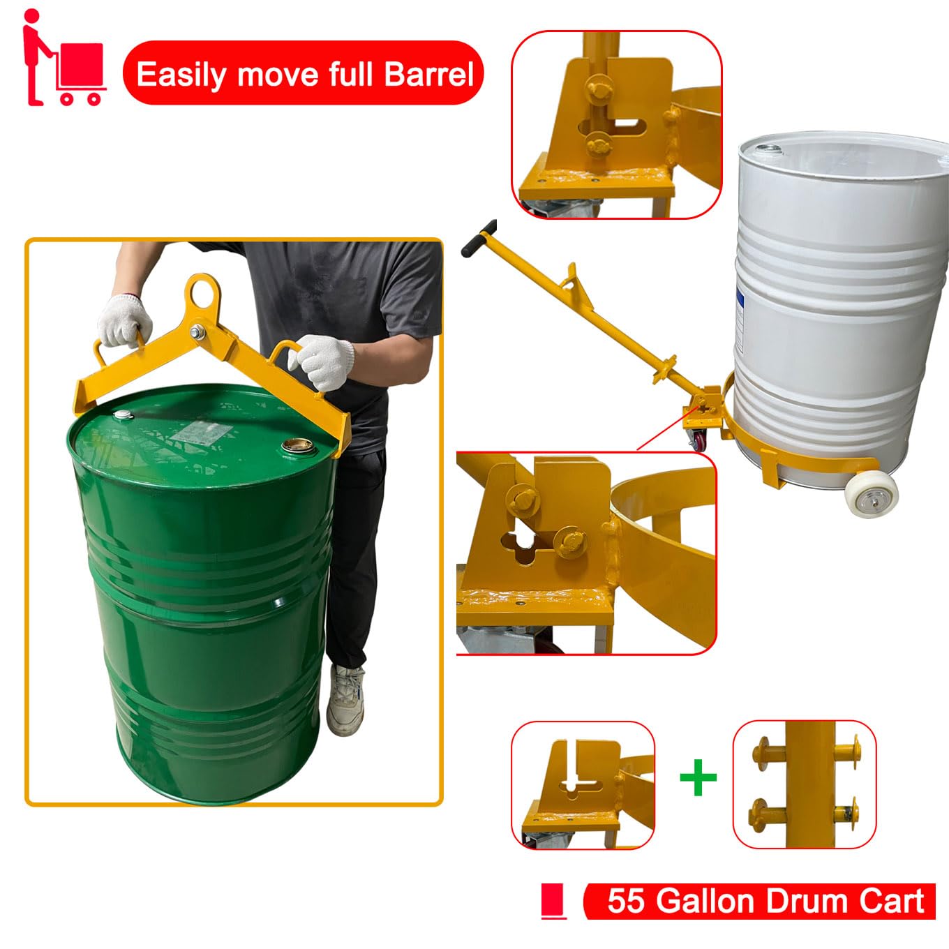 Say Goodbye to Struggling with Heavy Barrels. Effortless Transportation with The Wheels Steel Cart Round Dolly, Vertical Drum Clamp- -Drum Lift for 1100 Lbs Capacity Use Together.